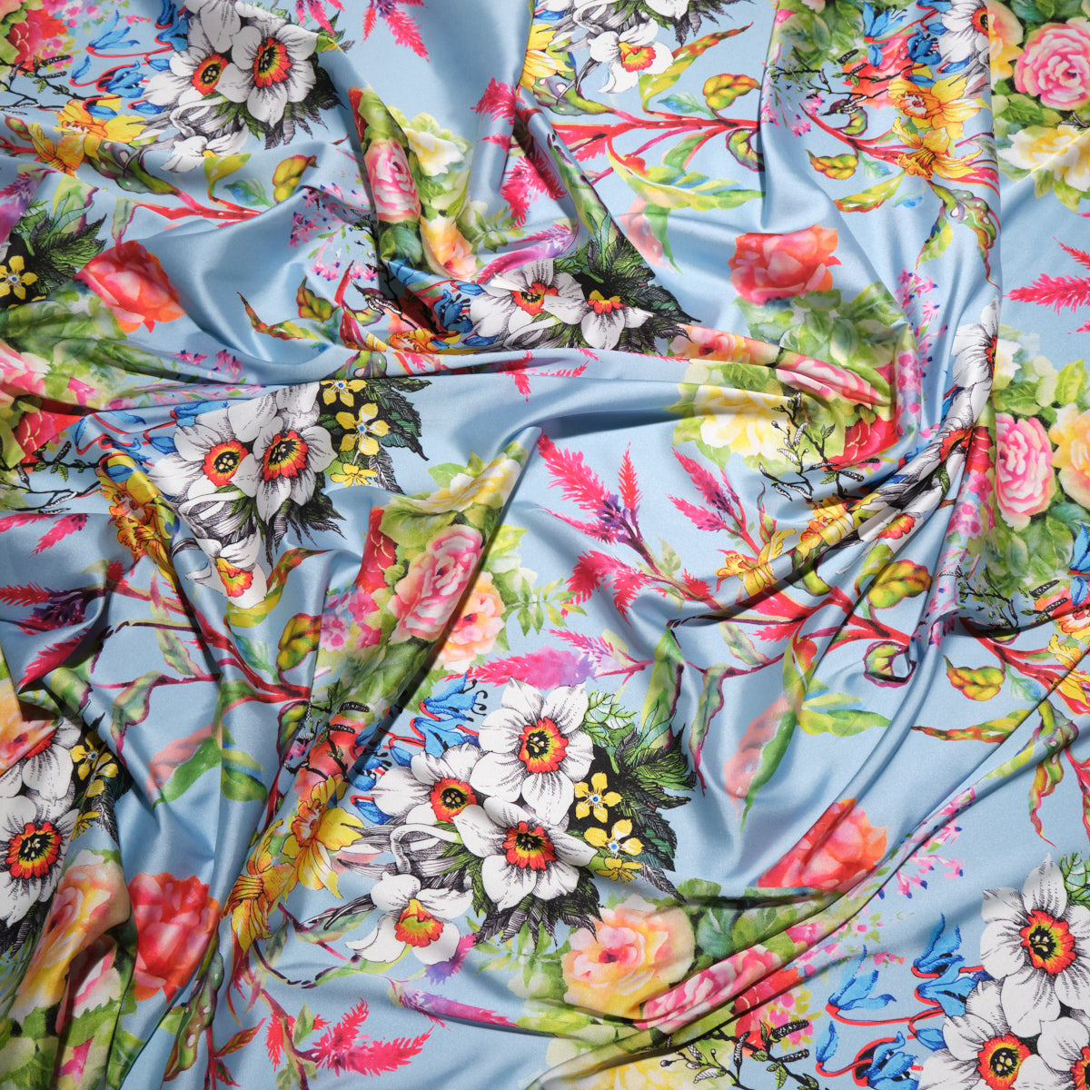 Matase imprimata digital motiv abstract floral multicolor și fundal bleu